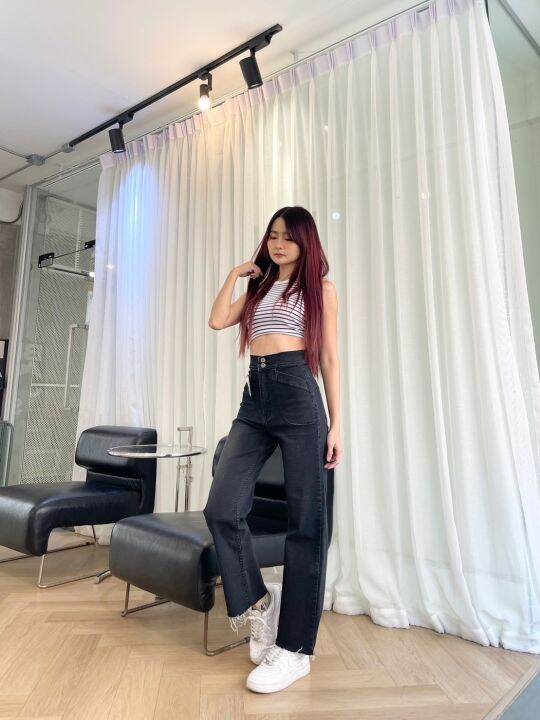 KHINEกางเกงยีนส์ brand Atomjeans กางเกงยีนส์ผู้หญิงขากระบอกผ้าไม่ยืด ...