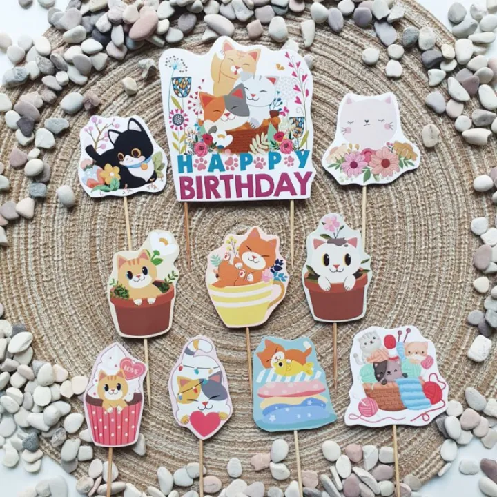 satu set cake topper hiasan kue ulang tahun karakter aneka kucing aneka ...