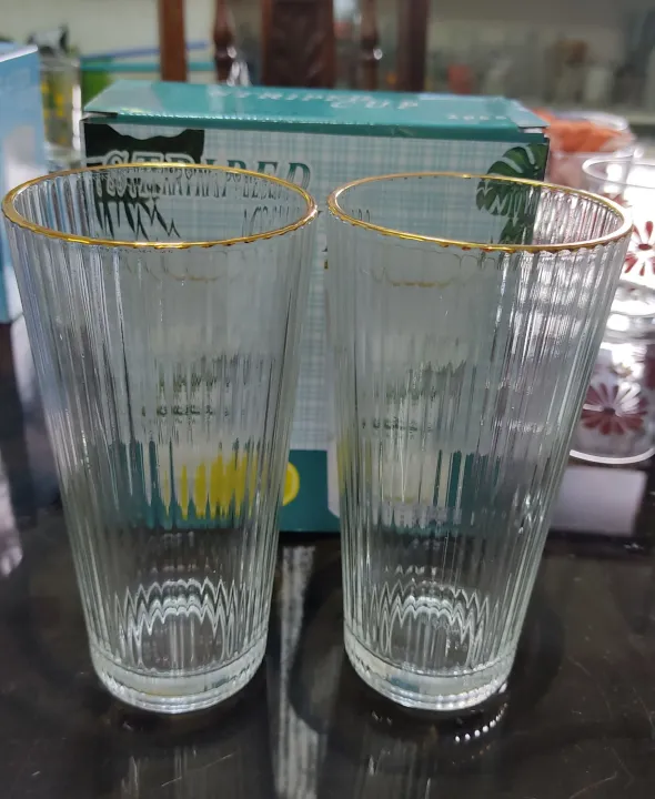 2pcs 320ml striped glass baso with gold line | Lazada PH