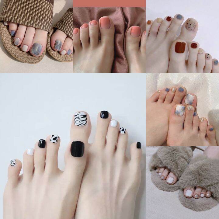 [ready Stock＆cod] 24 Pcs 3d Toe Nails Fake Nail With Glue Foot Full Toe