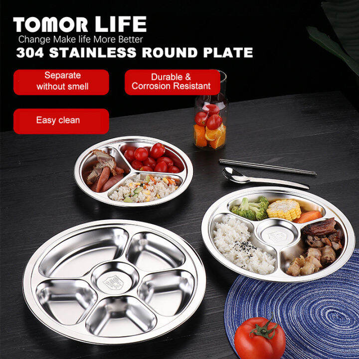 Tomor Life 304 Stainless Compartments Plate Round Food Server Divided ...