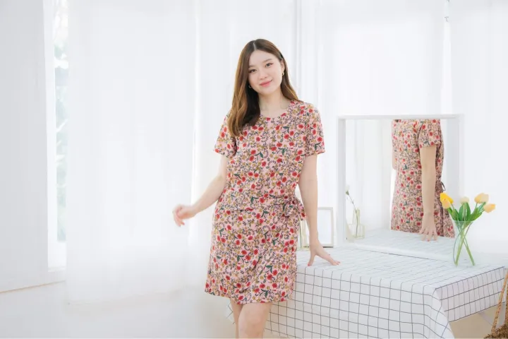 Mommade เดรสให้นม Pink floral wrap dress | Lazada.co.th