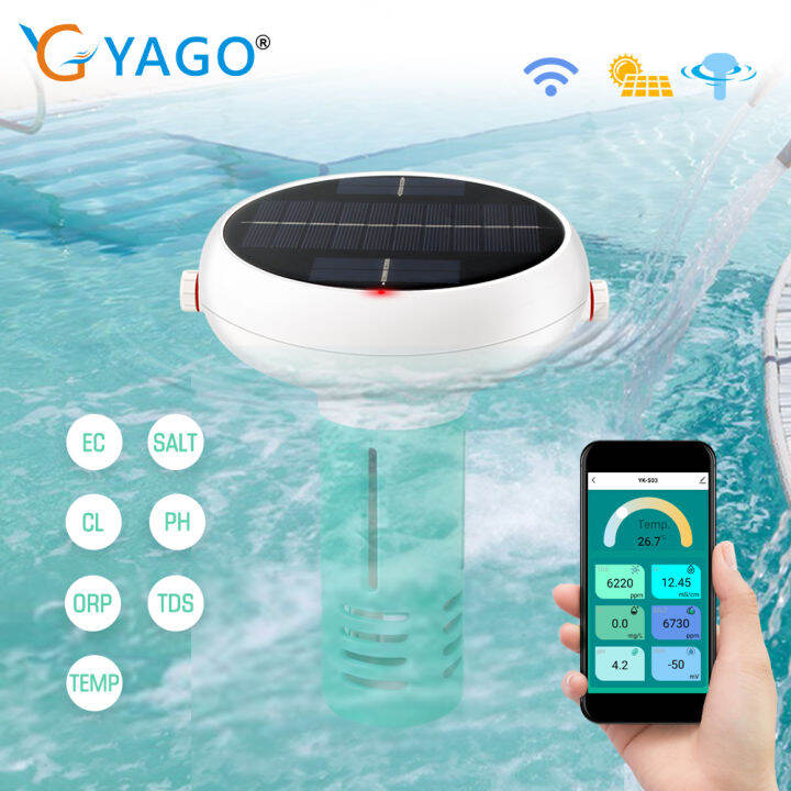 RCYAGO Smart Digital 7-in-1 WiFi Solar Pool Tester pH Meter pH/CL/EC ...