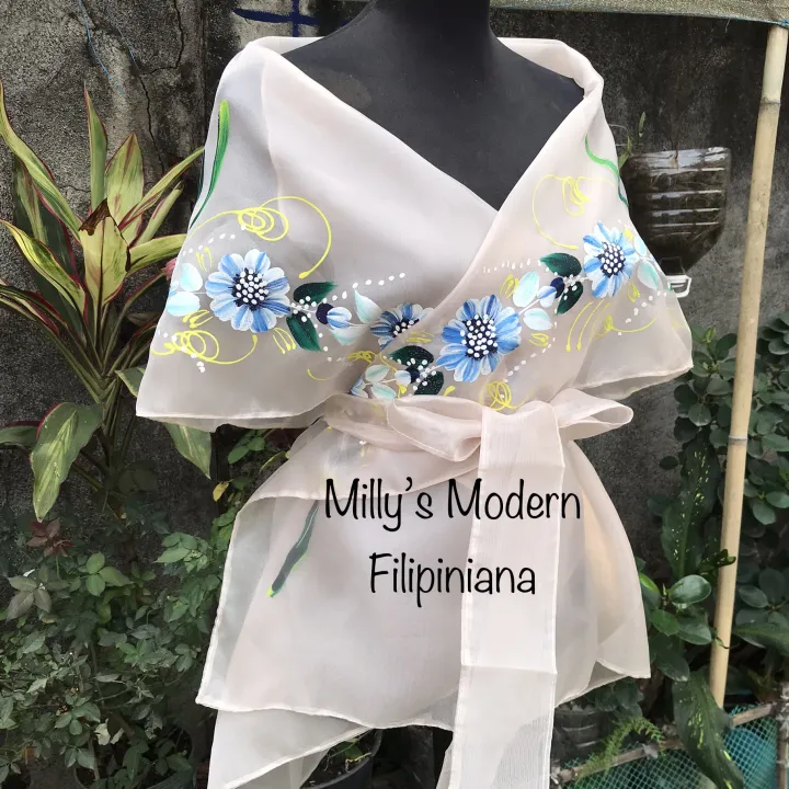 Modern Filipiniana wrap around ( beige ) blue handpaint | Lazada PH