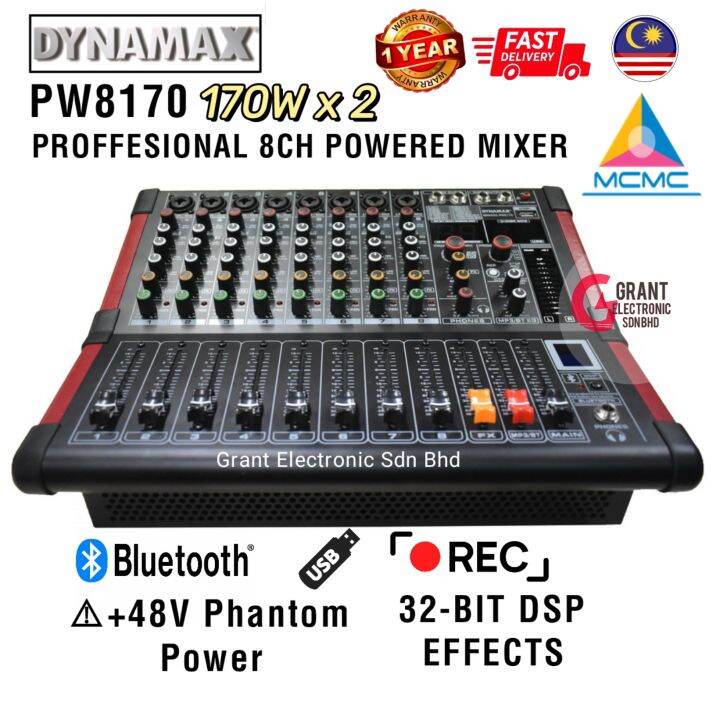 Dynamax PW8170 340W Professional 8 Channel Powered Mixer 8ch Power Mixer Bluetooth USB +48V ...