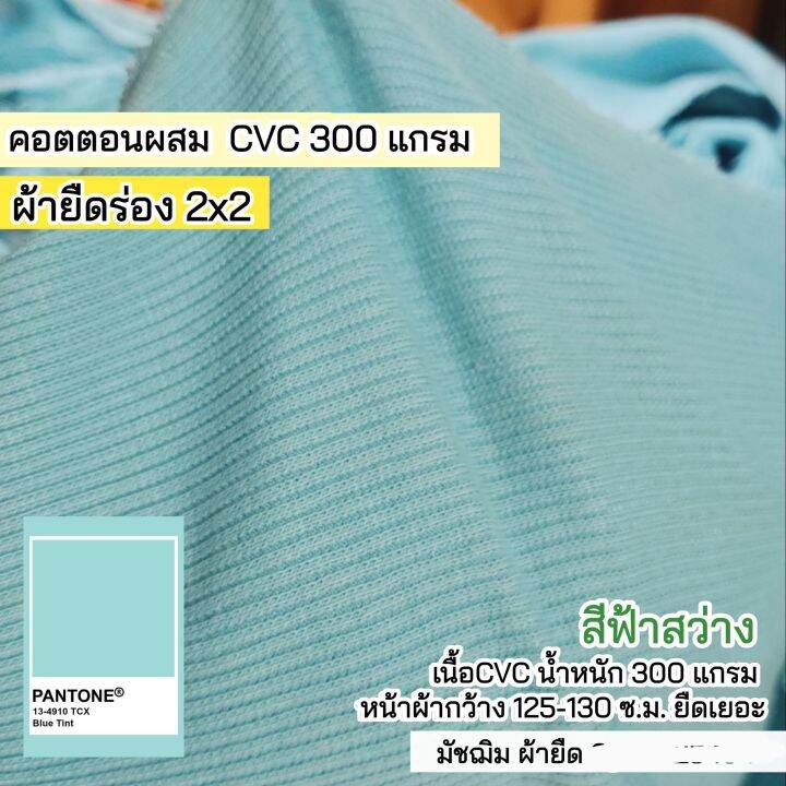 ผ้ายืดร่อง 2x2 สีฟ้าสว่าง เนื้อ cvc 300 แกรม ตัดเกาะอก สายเดี่ยว ชุดแฟชั่น เสื้อครอป กุ้นคอเสื้อ ...