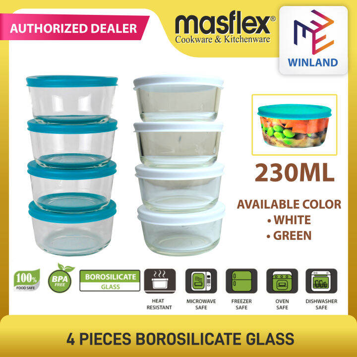 MASFLEX by Winland 4 Pieces Borosilicate Glass 230ml Food Container with Lid FE-230W/FE-230G ...