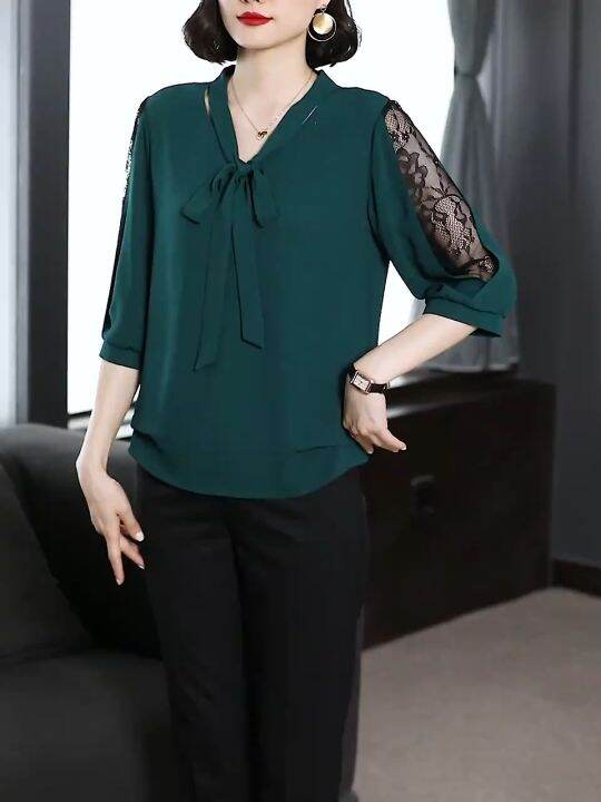 V-neck Chiffon Blouse Plus Size Women's Summer Korean Style Loose 3/4 ...