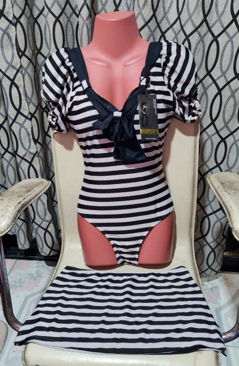 Sailor Moon Style Black White Stripes 1 Piece Swimsuit with Skirt ...