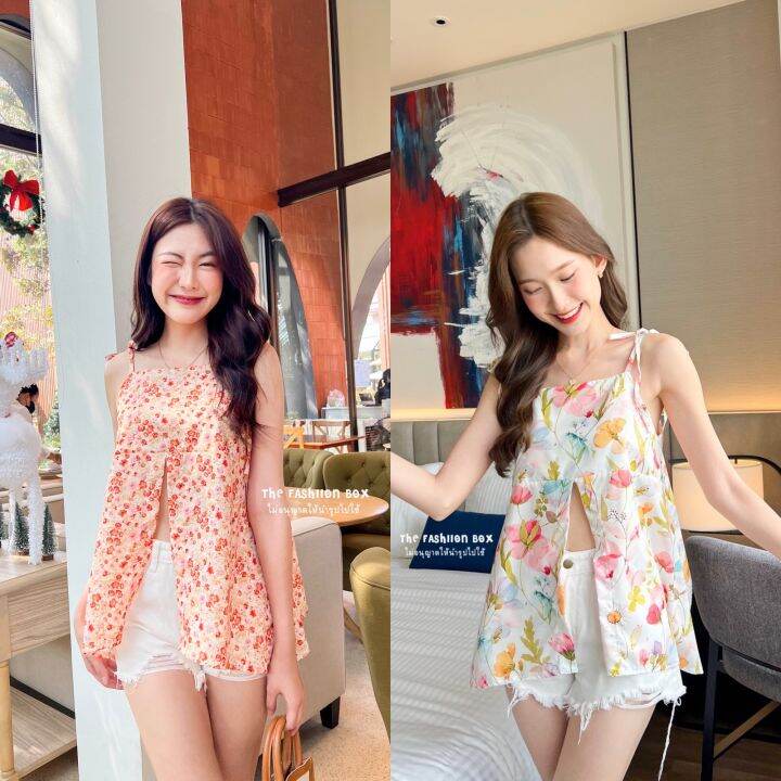 Yuri top เสื้อสายเดี่ยวลายสดใส ดีเทลผ่าหน้า | Lazada.co.th