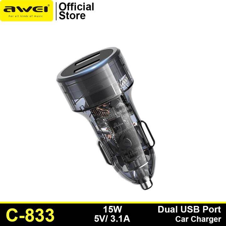 Awei C-833 Dual USB Ports Transparent Mini Car Charger 3.1A Fast Charge ...