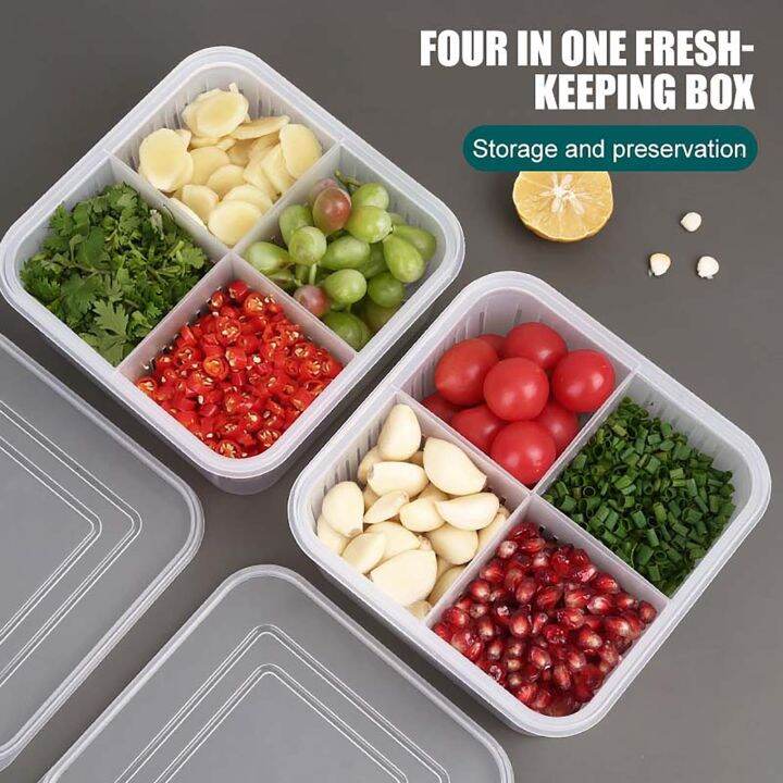 Kitchen 4 Grids Drain Sealed Box Food Storage Box with Lid Garlic Onion ...