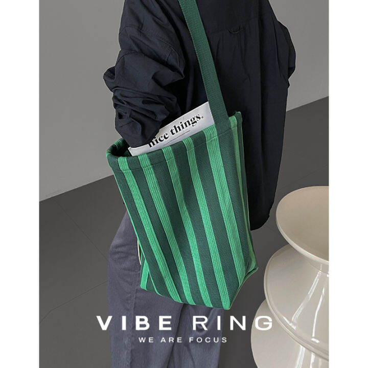 Vibering กระเป๋าผ้าแคนวาสแบบเย็บติดลายทางดีไซน์สำหรับคนกระเป๋าทรงโท้ท ...