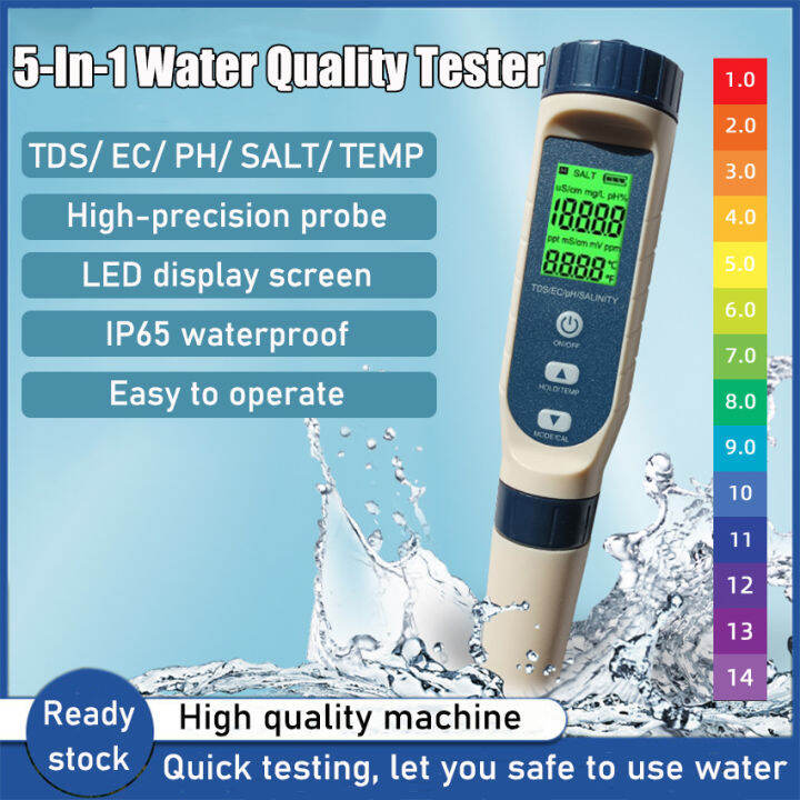 เครื่องวัดค่า PH,5-In-1 Ph/tds/ec/salinity/อุณหภูมิตัวทดสอบคุณภาพน้ำ,จอ LCD แสดงตัวทดสอบคุณภาพ ...