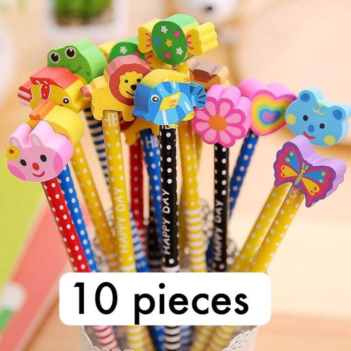 (10pieces)HB Pencil Cute Cartoon Pencil With Eraser Top Pensel Student ...