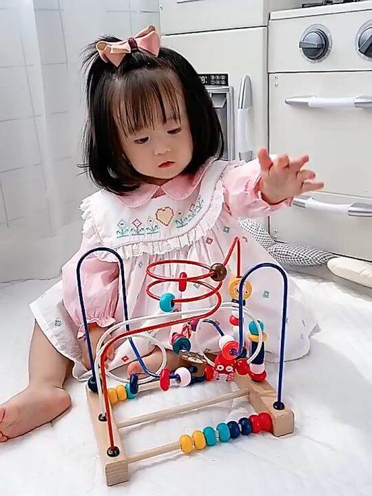 [Happy Kids] Wooden Montessori Toy Bead Stringing Building Blocks Bead ...