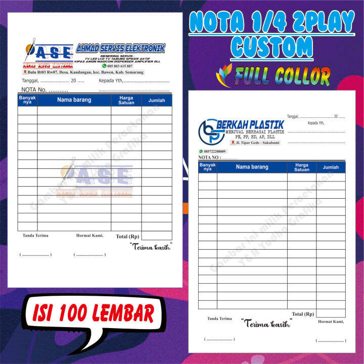 Nota Costum 1/4 2ply isi 100 lembar Nota Laundry Nota Bengkel Nota Nama ...