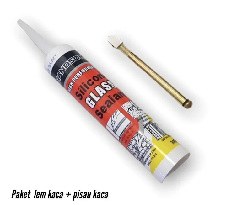 Paket lem kaca silicone sealant Bening Hitam Putih + pisau potong kaca ...