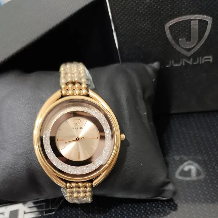JUNJIA นาฬิกาผู้หญิง สายสเตนเลส สีโรสโกลด์ | Lazada.co.th
