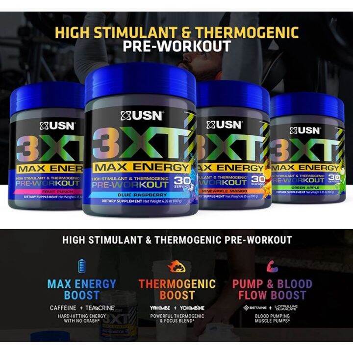 USN 3XT Max Energy Pre-Workout 30servings.Supplement Powder for Energy ...