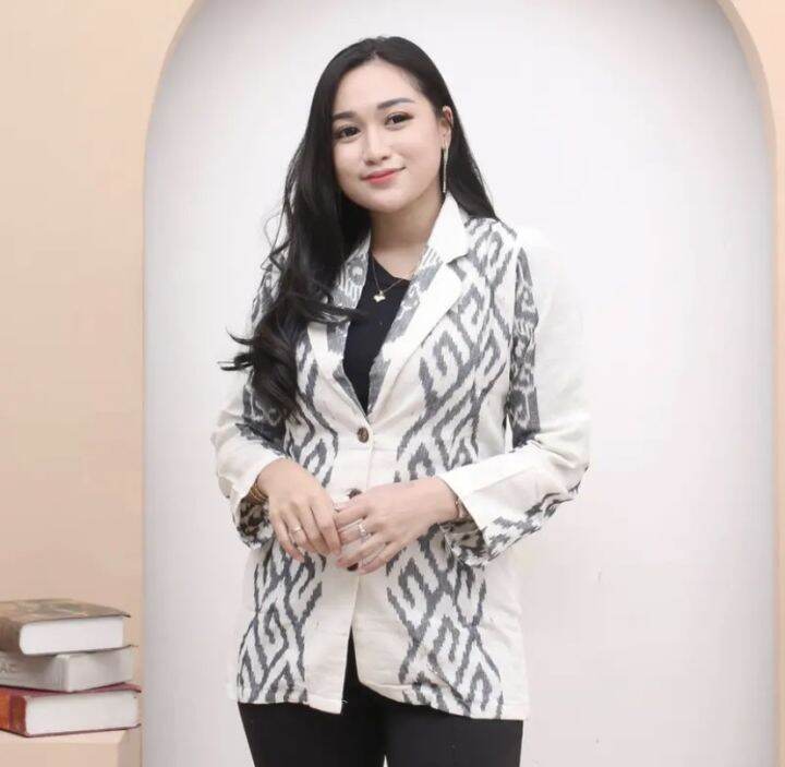 Jas kantor wanita lapis trikot motif tenun etnik casual - jas tenun ...