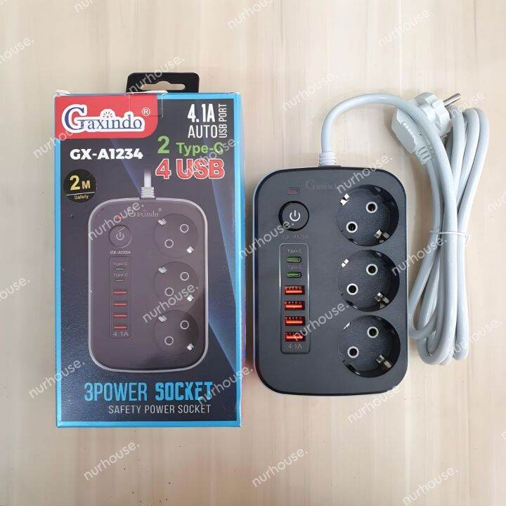 stopkontak 3 lubang 4 port USB 2 type c gaxindo GX- A1234 | Lazada ...