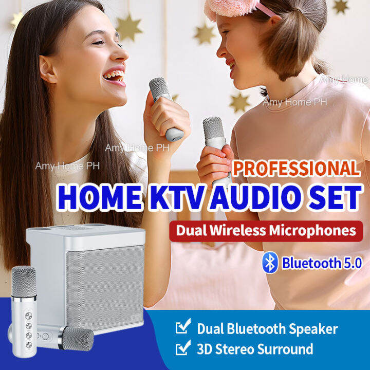 Professional Dual Bluetooth Speaker With 2 Wireless Microphones Karaoke ...