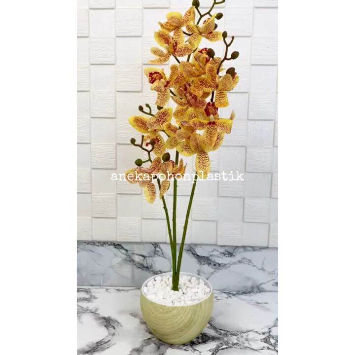 Tanaman Hias Bunga Anggrek X3 Kuning Bintik Plastik Artificial Vas ...