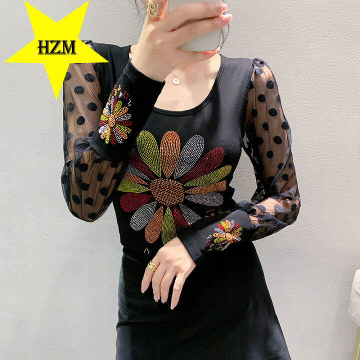 HZM เสื้อยืดผู้หญิงเทรนด์2023ติดลูกไม้แบบเฉพาะบุคคลติดเล็บแนวยุโรปและผอมแขนยาวฤดูใบไม้ร่วง ...