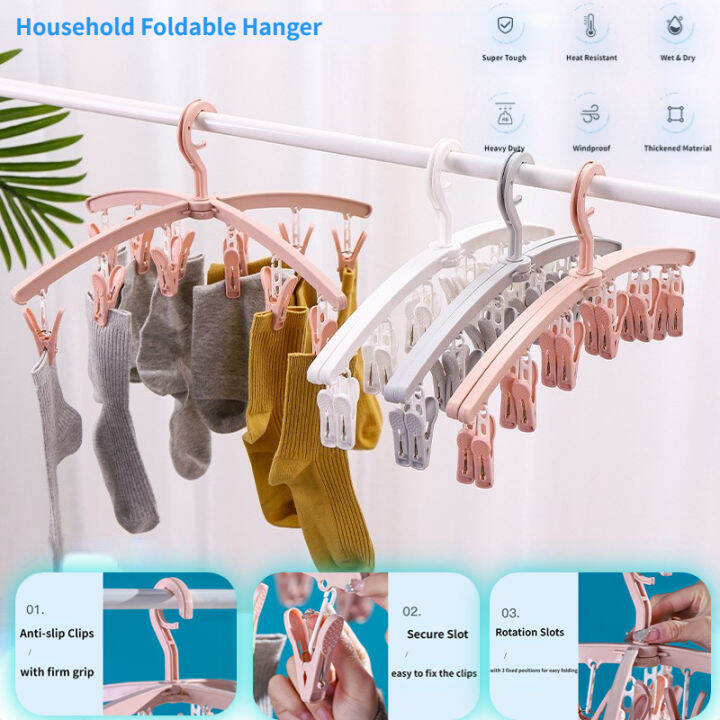 Laundry Portable 12 Clips Folding Clothes Hanger Rotating Hook Socks ...