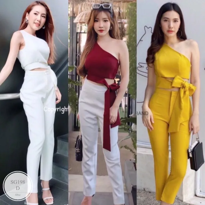 SS198 Set 2 ชิ้น เสื้อไหล่เดี่ยว ทรงครอปแต่งผูกโบว์ที่ชายเสื้อ มีซิป ...