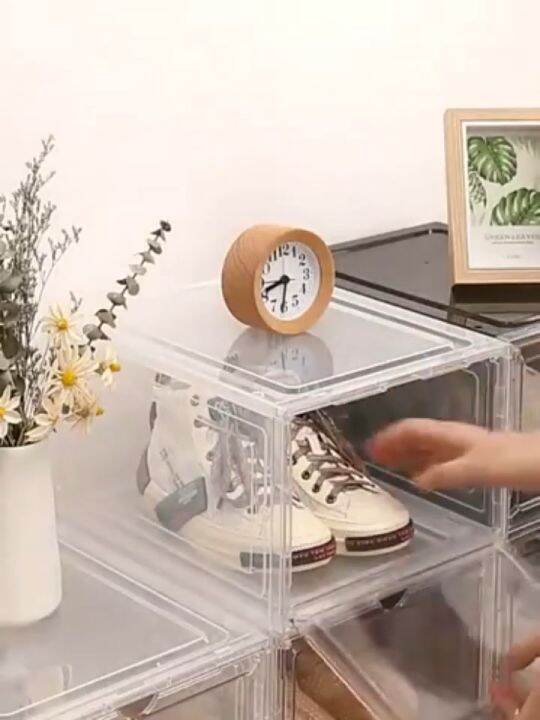 large magnetic transparent stackable shoe box flip AJ shoe rack ...