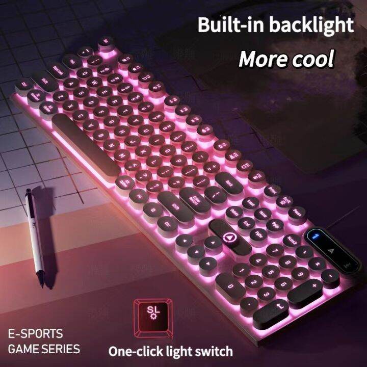 Retro Punk Round Keycap Gaming Keyboard Wired RGB Backlit Keyboard USB ...