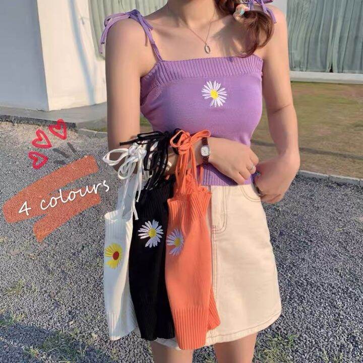 Korean Knitted Strap Top Daisy embroidered Top | Lazada PH