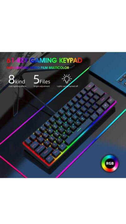 Game Keyboard Gaming RGB Backlit Mechanical Feel 61 Key Wired ergonomis ...