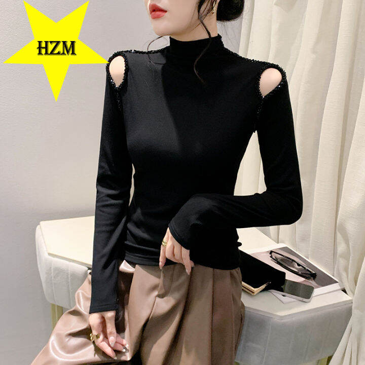 HZM 2023แฟชั่นกึ่งคอเต่าของผู้หญิงเสื้อขนแกะเนื้อหนาสำหรับฤดูหนาวเสื้อยืดลูกปัดงานแฮนด์เมดดีไซน์ ...