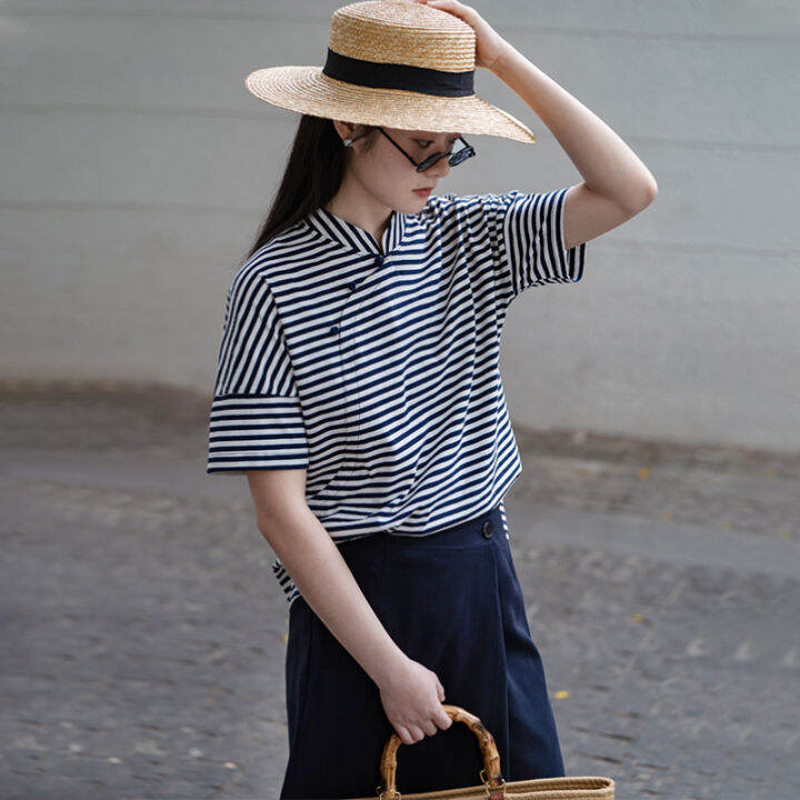 เสื้อตัวบนทรงหลวมแมทช์ลุคง่ายแบบออริจินัลเสื้อยืดแขนสั้นคอตั้งปกเฉียง ...