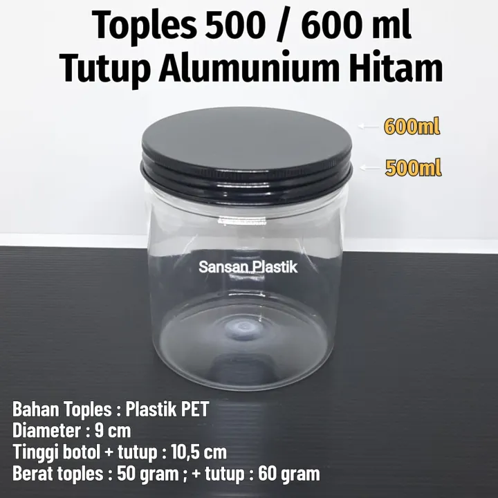 Toples 600 ml tutup alumunium Hitam / toples tabung plastik 600 ml tutup alumunium hitam ...