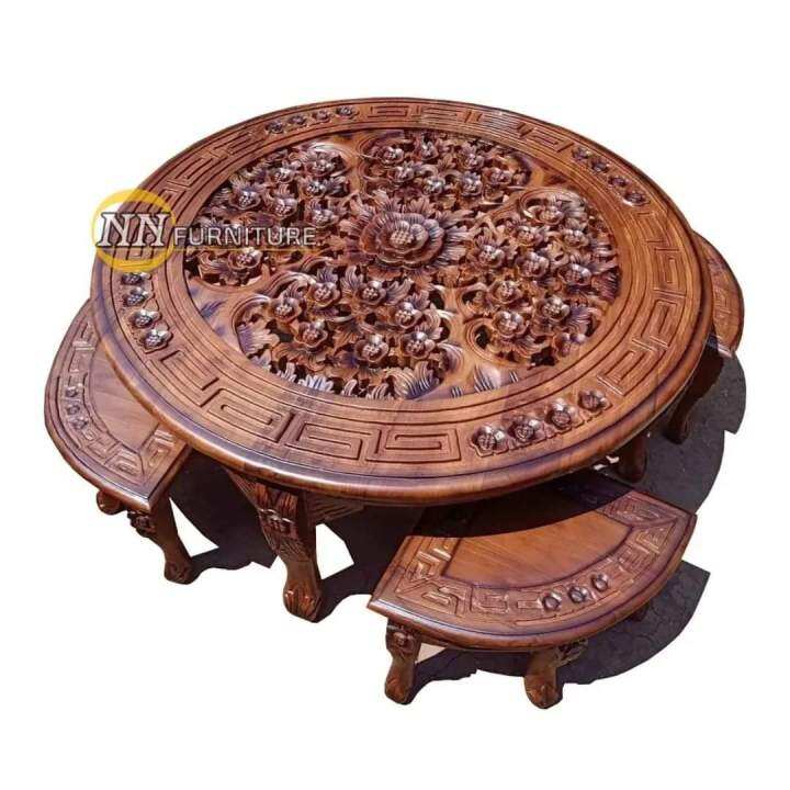Meja Kopi Teh Kayu Jati Ukiran Bulat Diameter 90 Cm Tinggi 45 Cm ...