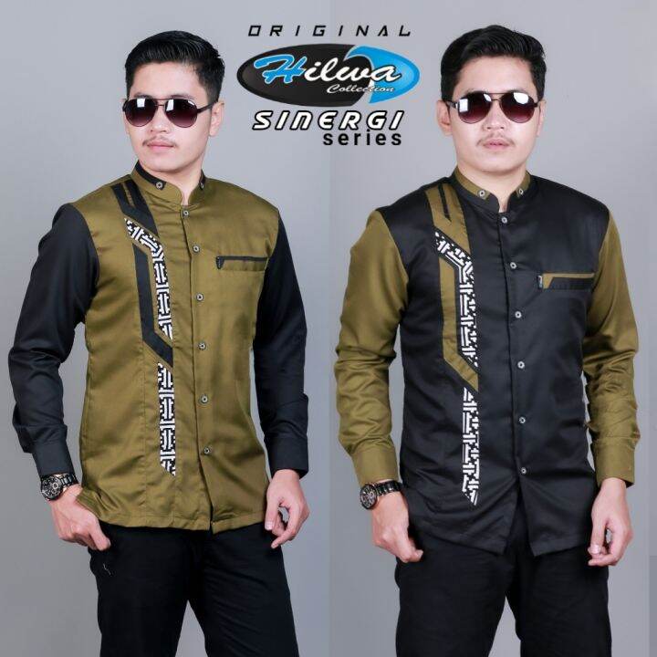 HILWA COLLECTION Kemeja Baju Koko Dewasa Kombinasi Batik Lengan Panjang ...