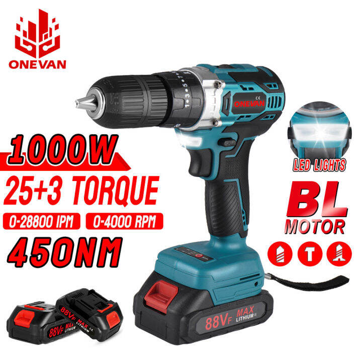 ONEVAN 1000W 450N.M Brushless Electric Impact Drill 25+3 Torque 3 in 1 ...