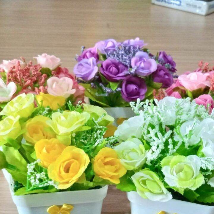 RANGKAIAN BUNGA MAWAR PLASTIK 12 KUNTUM POT KOTAK RB6006 | Lazada Indonesia