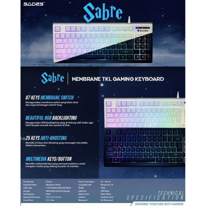 Keyboard gaming sades wired braided usb membrane rgb tkl 87 keys sabre ...