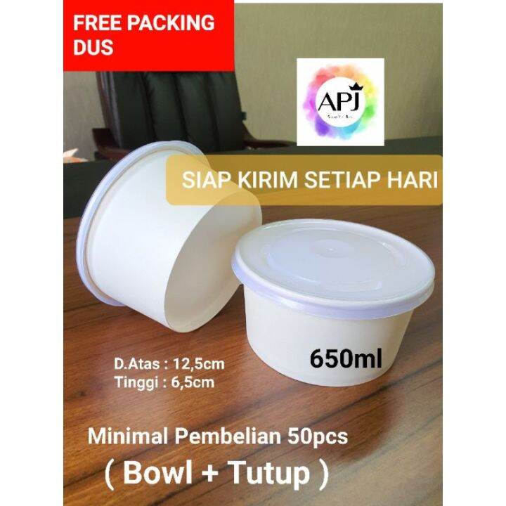 (ISI DAN HARGA PER 50PCS)PAPER BOWL 650ml + TUTUP Putih / Mangkok ...
