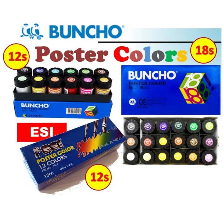 Buncho Poster Colors 15cc 12 / 18 Colours and ESI Poster Colors 12s ...