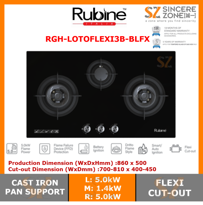 Rubine 3 BURNERS BLACK TEMPERED GLASS RGH-LOTOFLEXI3B-BLFX Hob SAFETY ...