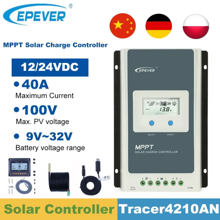 EPever Tracer4210AN Solar Controller 40A 12V24V MPPT Regulator with MT50 Display/USB Cable ...