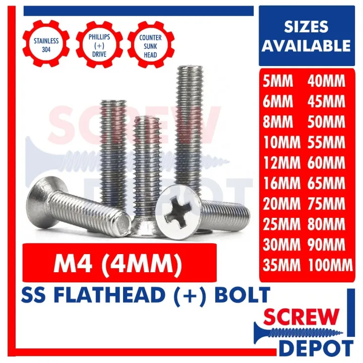 PRU PU 50/10PCS SS Flat Head M4 ( 4mm ) Stainless Flathead Bolt Counter Sunk JF Screw Depot ...