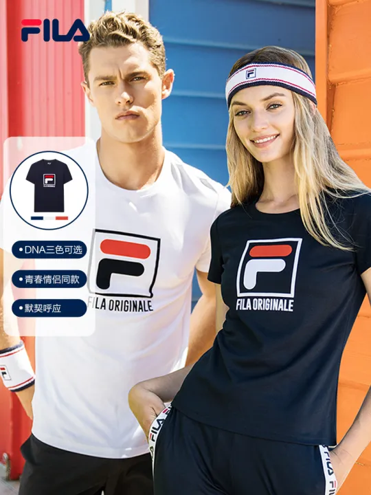 FILA แขนสั้นลำลองกีฬาสั้น T คู่สบายแฟชั่นเสื้อยืดสำหรับผู้ชายและผู้หญิง ...