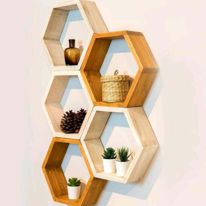Rak Dinding Hexagonal Kayu Jati Hiasan Dinding Minimalis | Lazada Indonesia